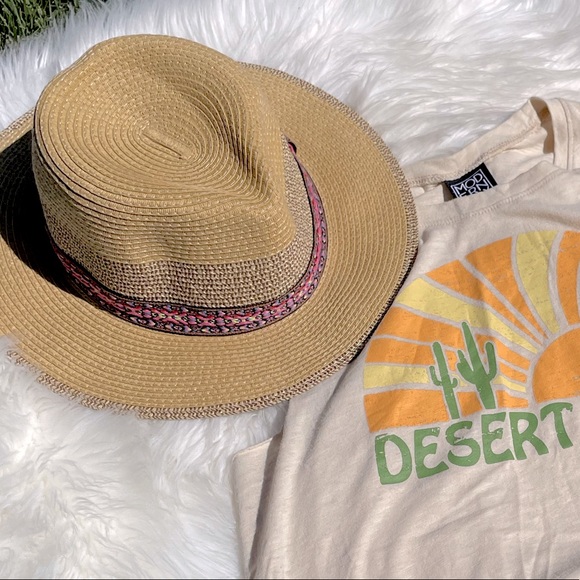 C.C | Accessories | Boho Pink Banded Straw Summer Rancher Fedora Hat ...